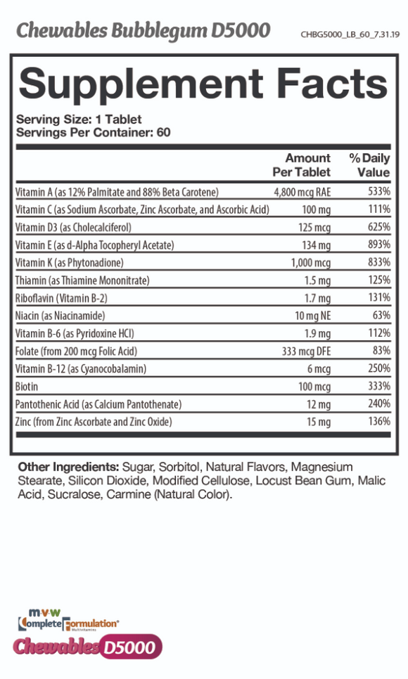 MVW Complete Formulation® D5000 Chewables: Bubblegum | Multivitamin